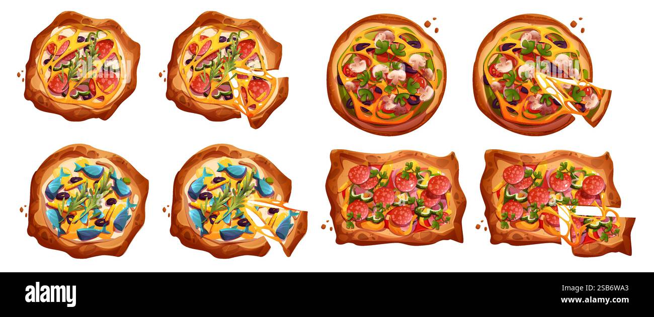 Cartoon pizza set top view - food stickers. Baked round and rectangular ...