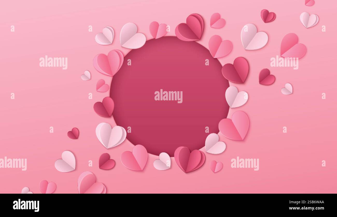 Paper heart Valentine day banner with circular frame - decorative ...