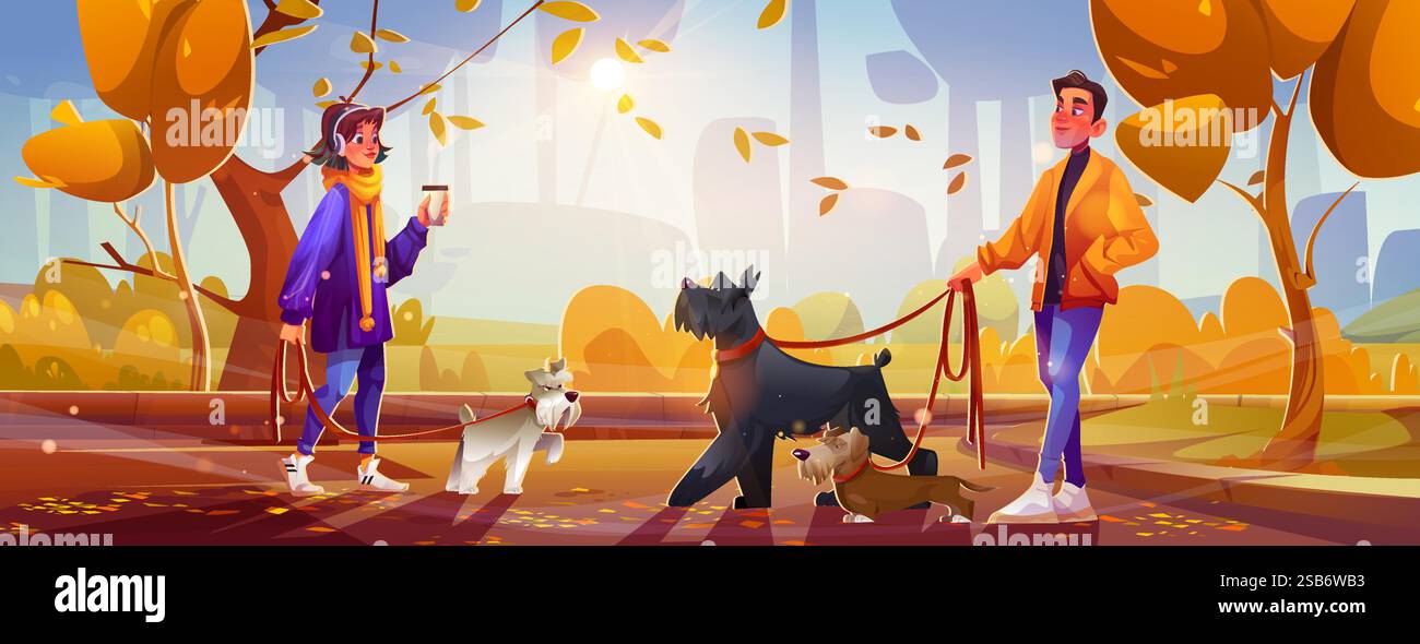 People walking dogs in autumn park - cityscape scenery with falling ...