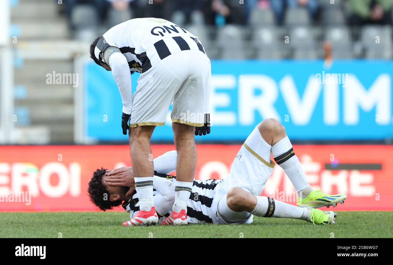 Charleroi, Belgium. 01st Feb, 2025. Charleroi's Aiham Ousou lies ...