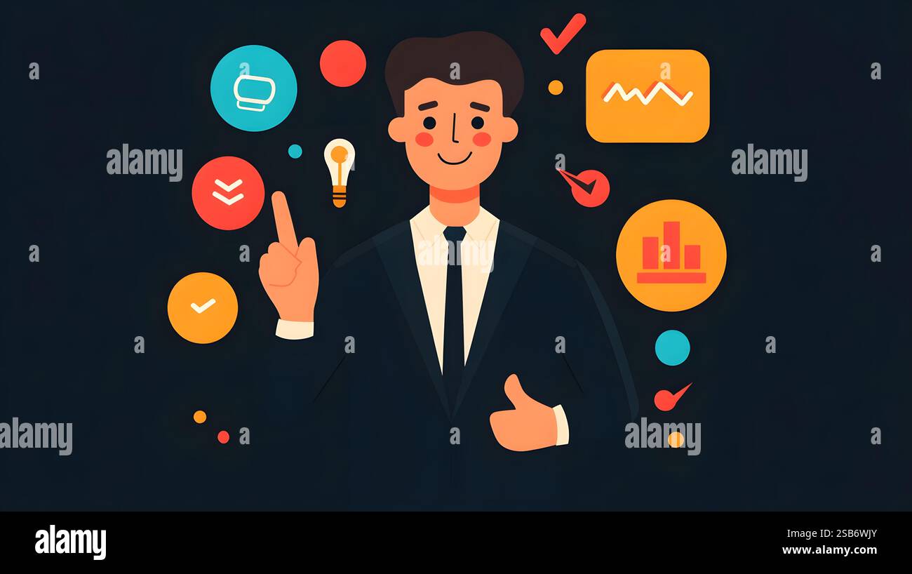 Businessman Pointing to Holographic Marketing Icons on Modern Dark ...