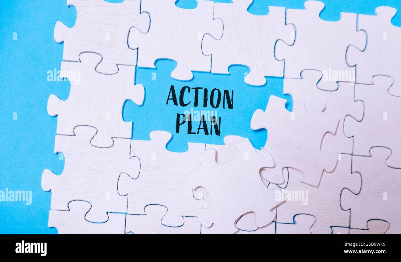 Puzzle with a piece missing and the word action plan written in the gap ...