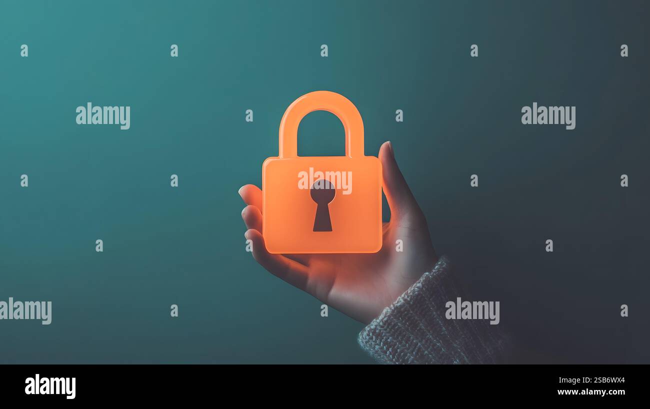 Glowing Orange Security Lock Icon Held in Hand,Symbolizing ...