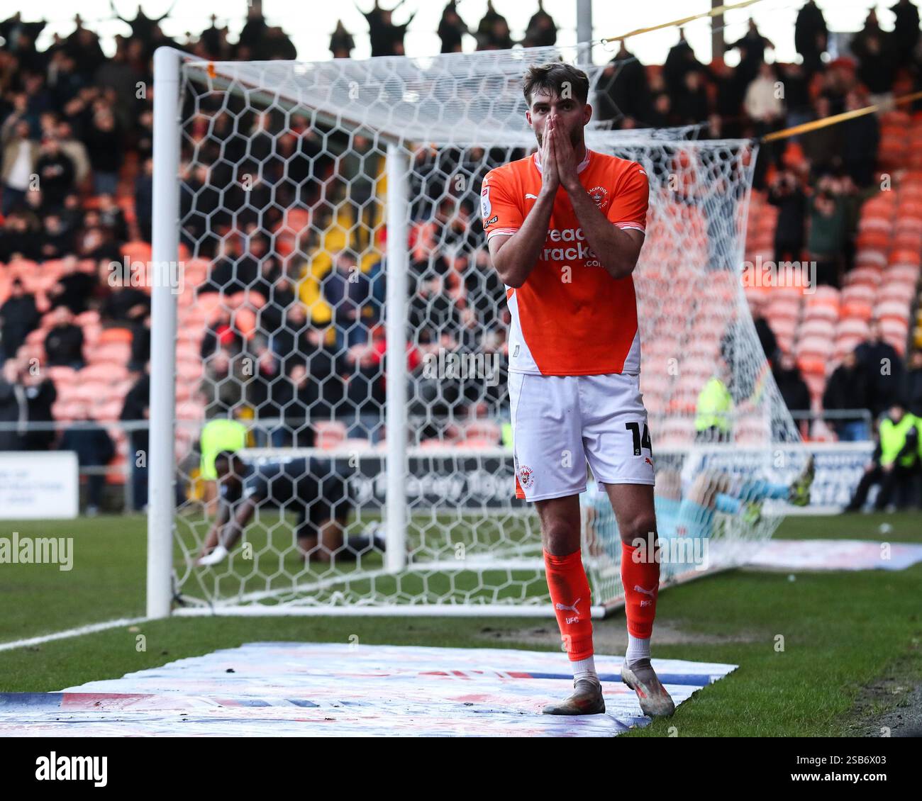 Tom Bloxham of Blackpool reacts to a missed chance during the Sky Bet ...