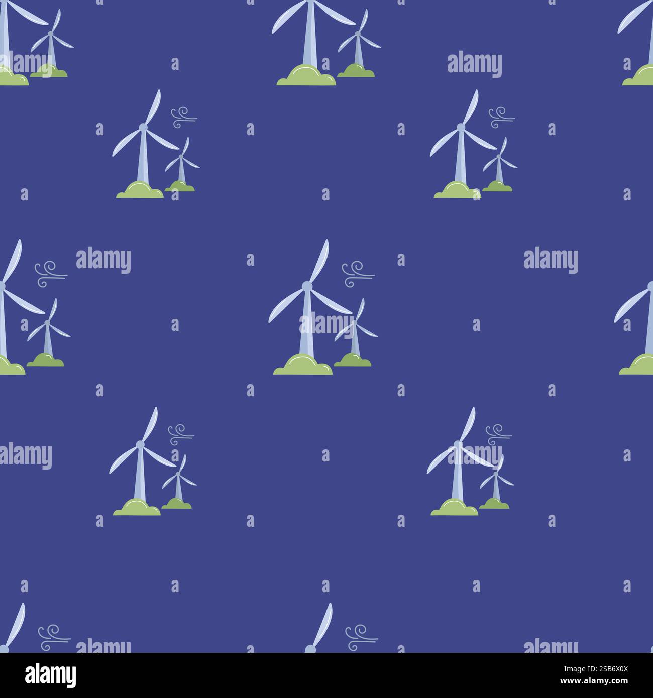 Colorful design features wind turbines set against a solid blue ...