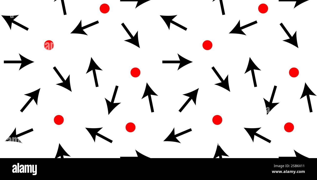 Black arrows point in various directions while red dots are scattered ...