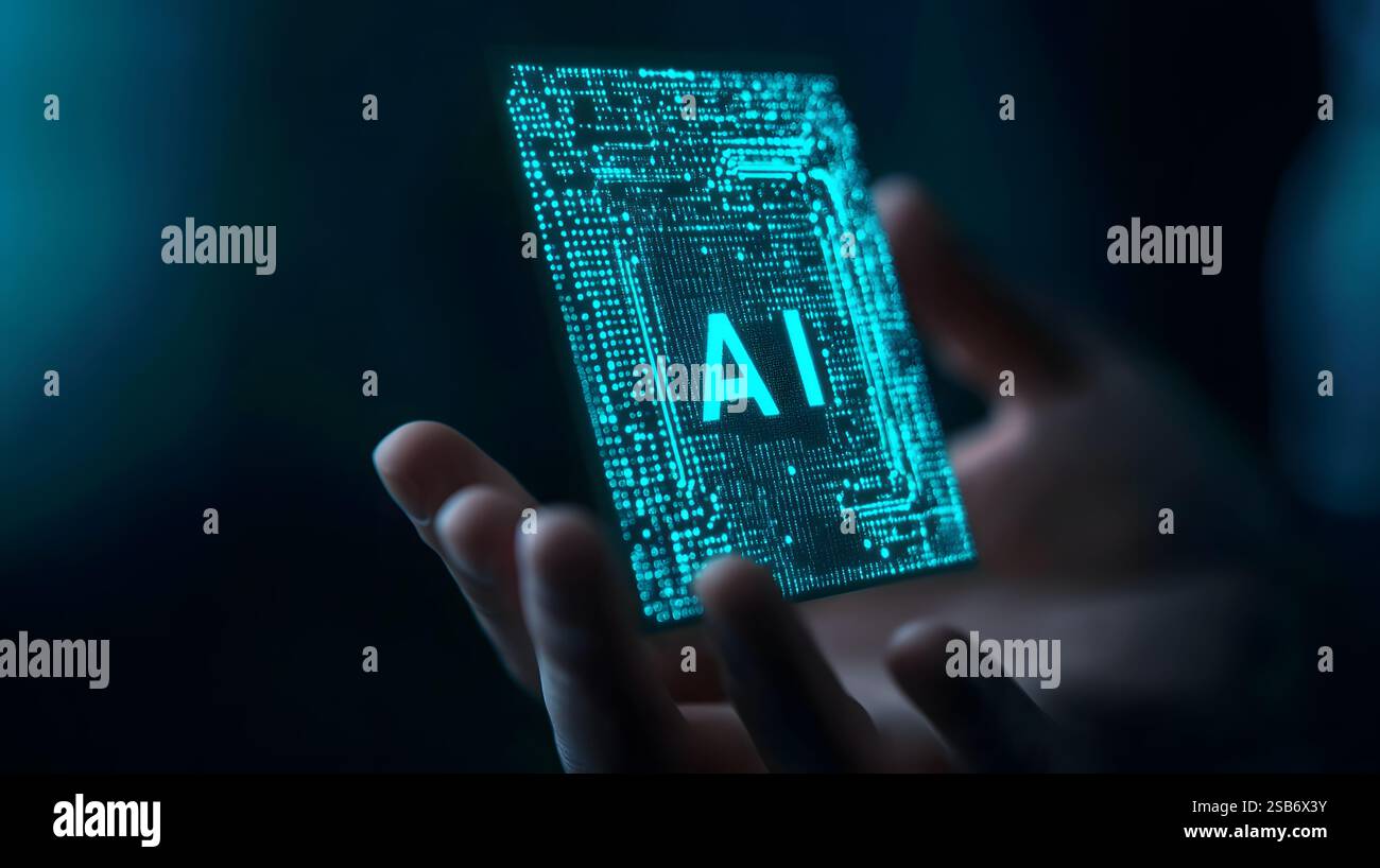 Glowing and tech icons in hands on a futuristic dark blue gradient ...