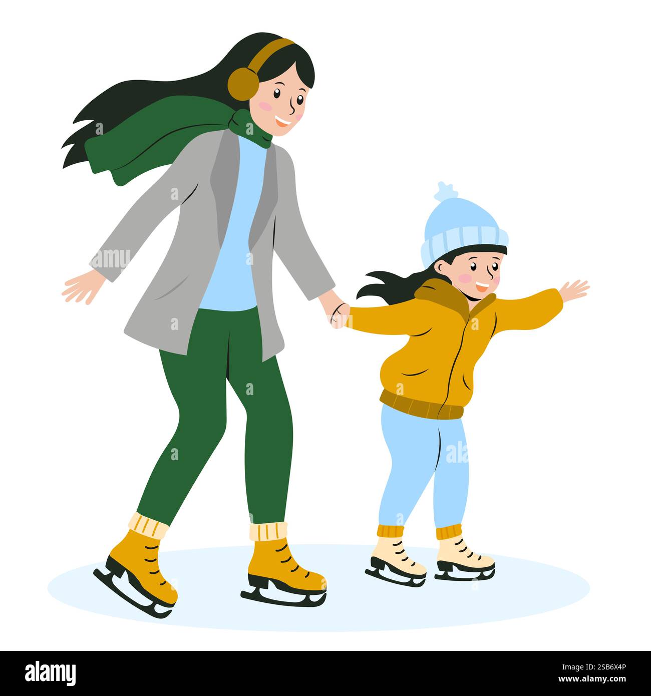 A mother holds her daughter's hand as they glide across the ice, both ...