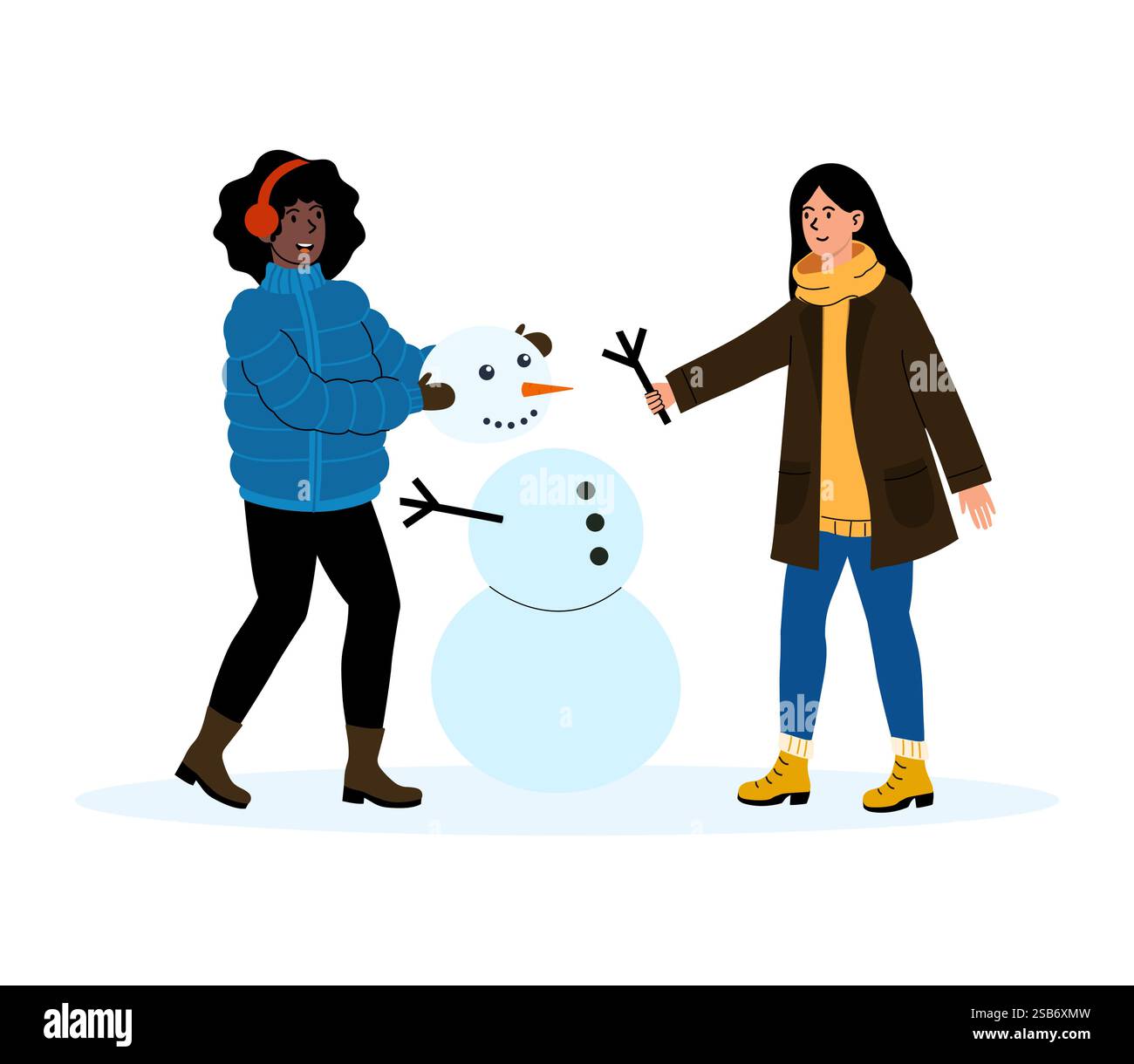 Two friends joyfully create a snowman, enjoying the winter weather. One ...