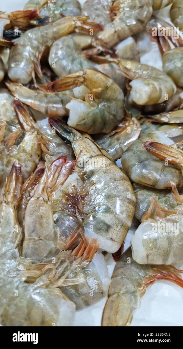 Selling raw shrimp in a supermarket. Fresh raw shrimps at the fish ...