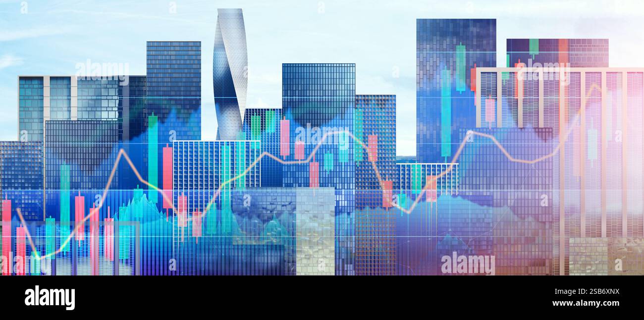 Abstract double exposured forex chart in front of business district ...