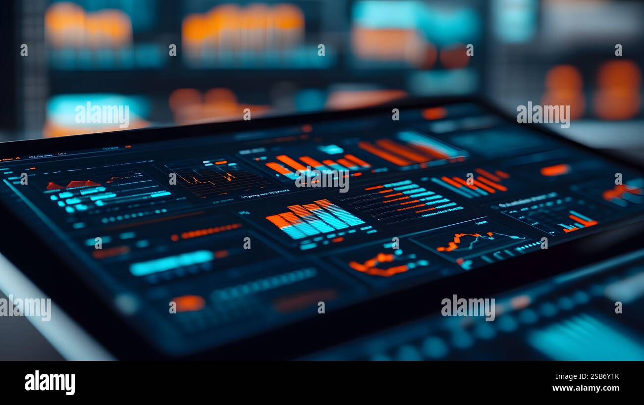 Futuristic data visualization dashboard on tablet screen displaying business analytics graphs ...