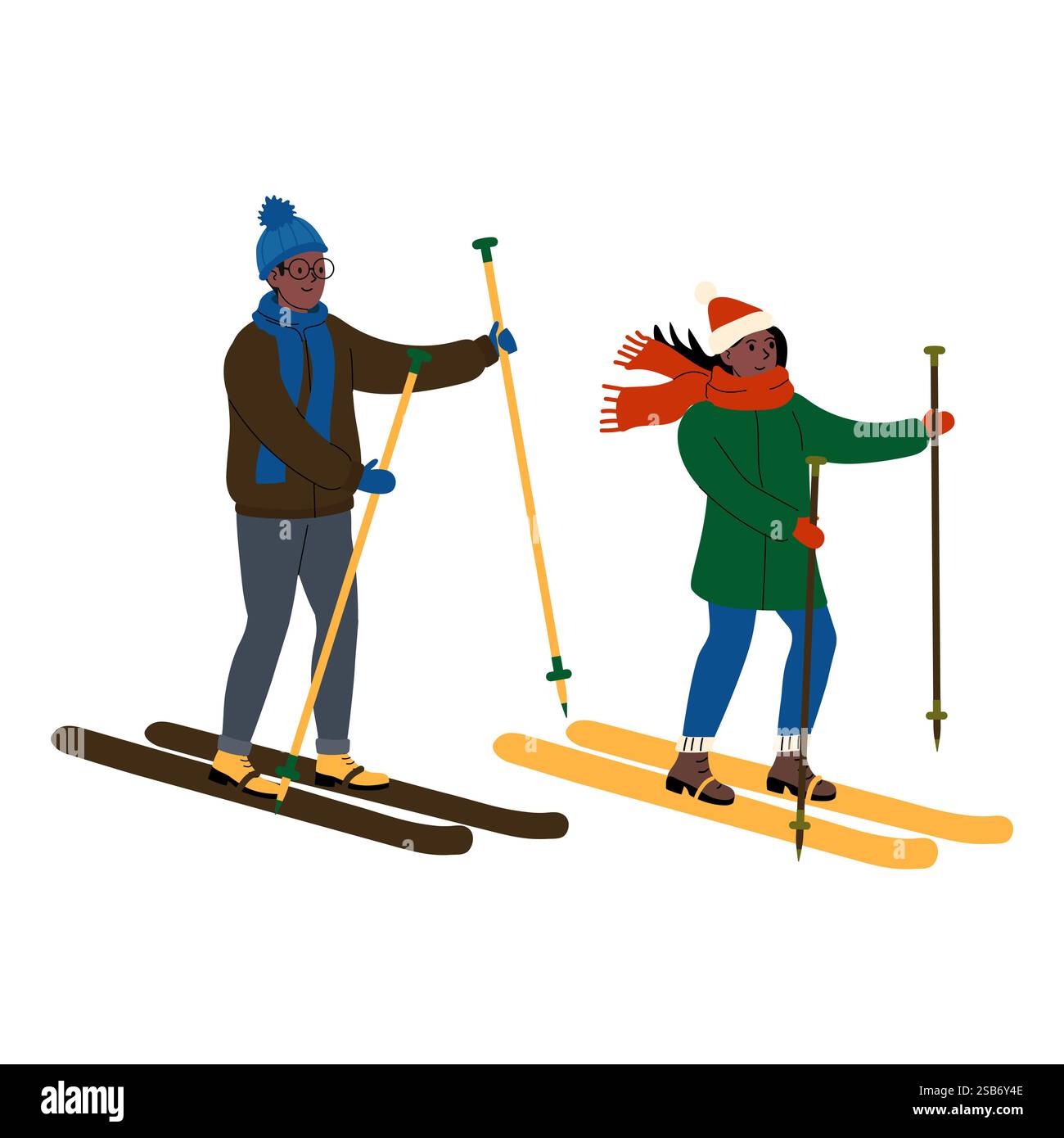 Two people skiing together on a snowy mountain trail. They are dressed ...