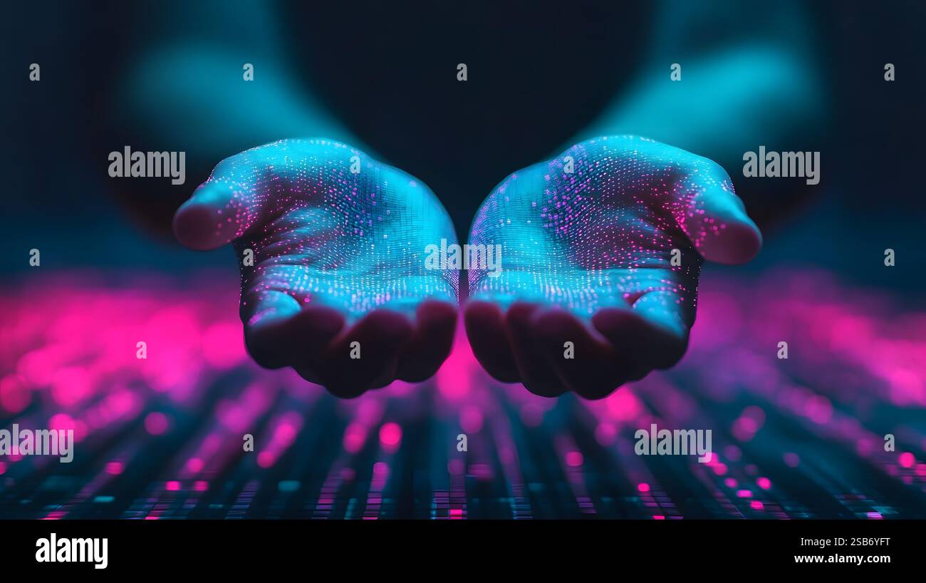 Futuristic hands presenting holographic,data-driven visualizations and ...
