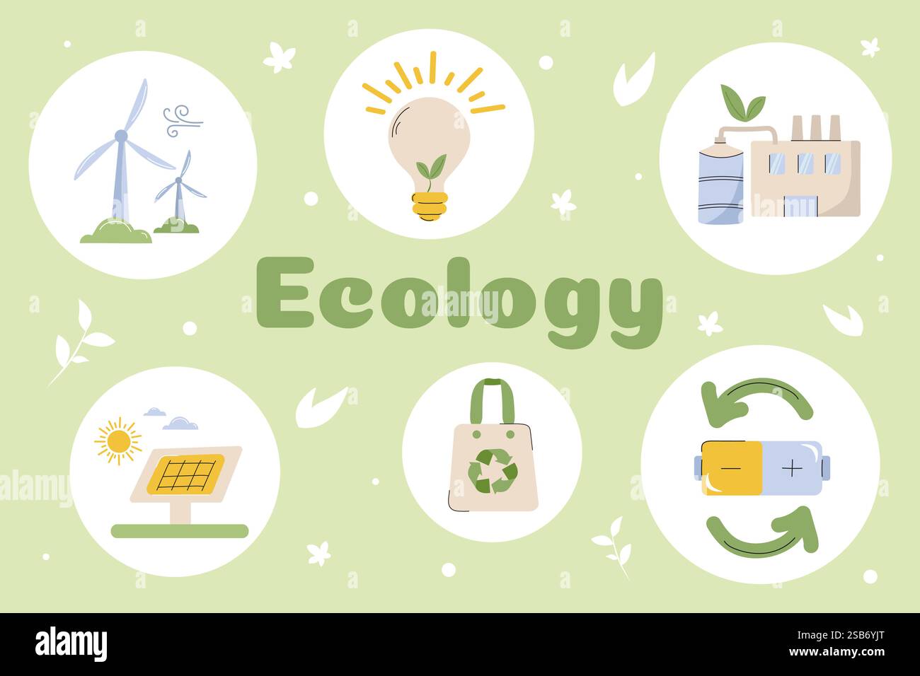 Symbols depict various aspects of ecology, including renewable energy ...
