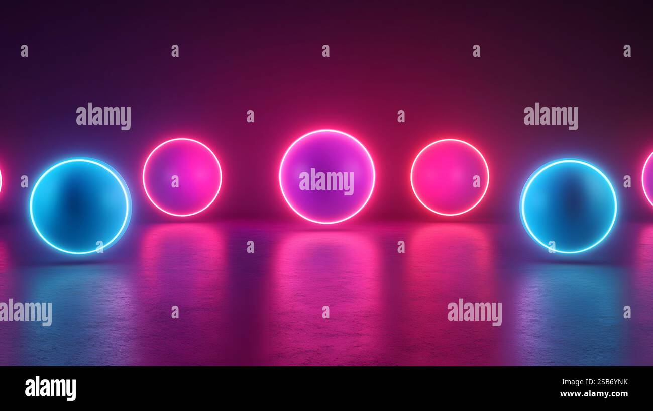 Floating neon spheres of various sizes and colors illuminating a dark ...