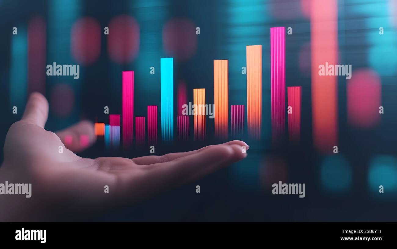 Glowing 3D bar graphs projected from a hand against a sleek,dark ...