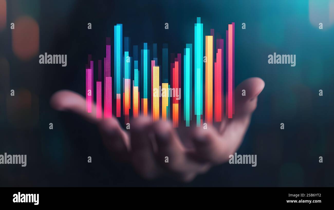 Futuristic 3D glowing bar graph visualization projected from a human ...