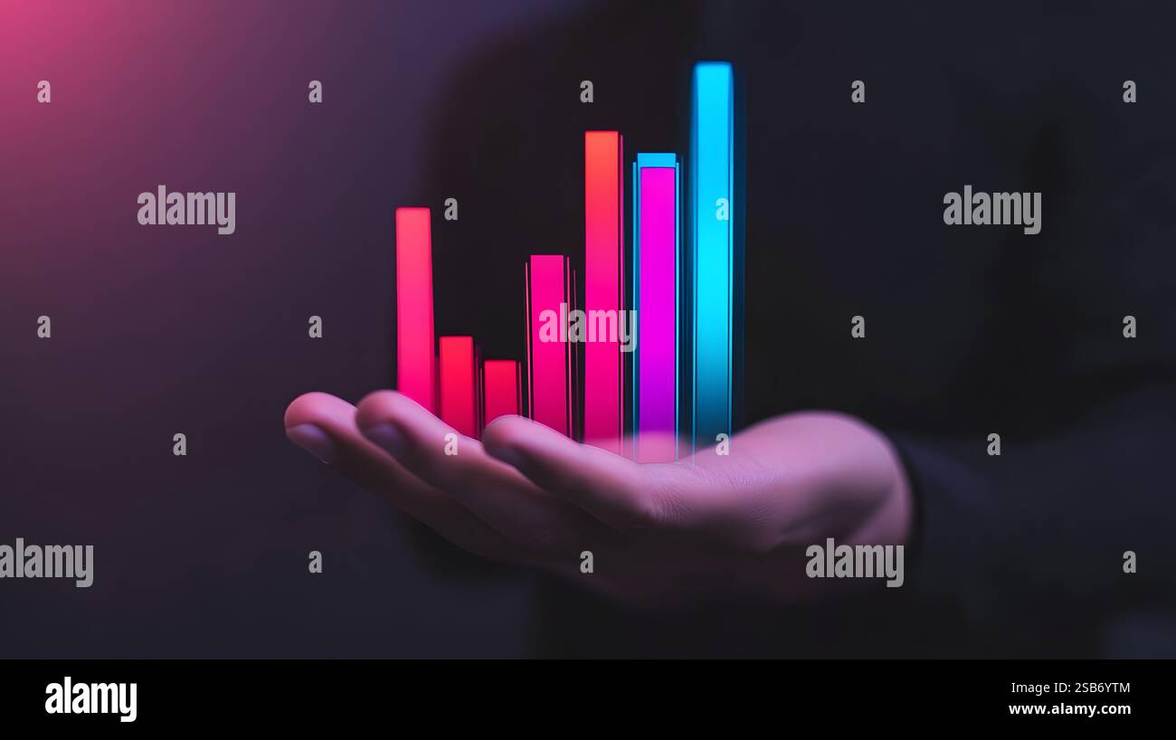 Glowing 3D bar graph projections emerging from a hand against a sleek ...