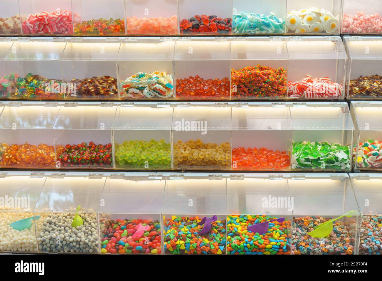 Rows of transparent bins filled with a variety of colorful candies ...