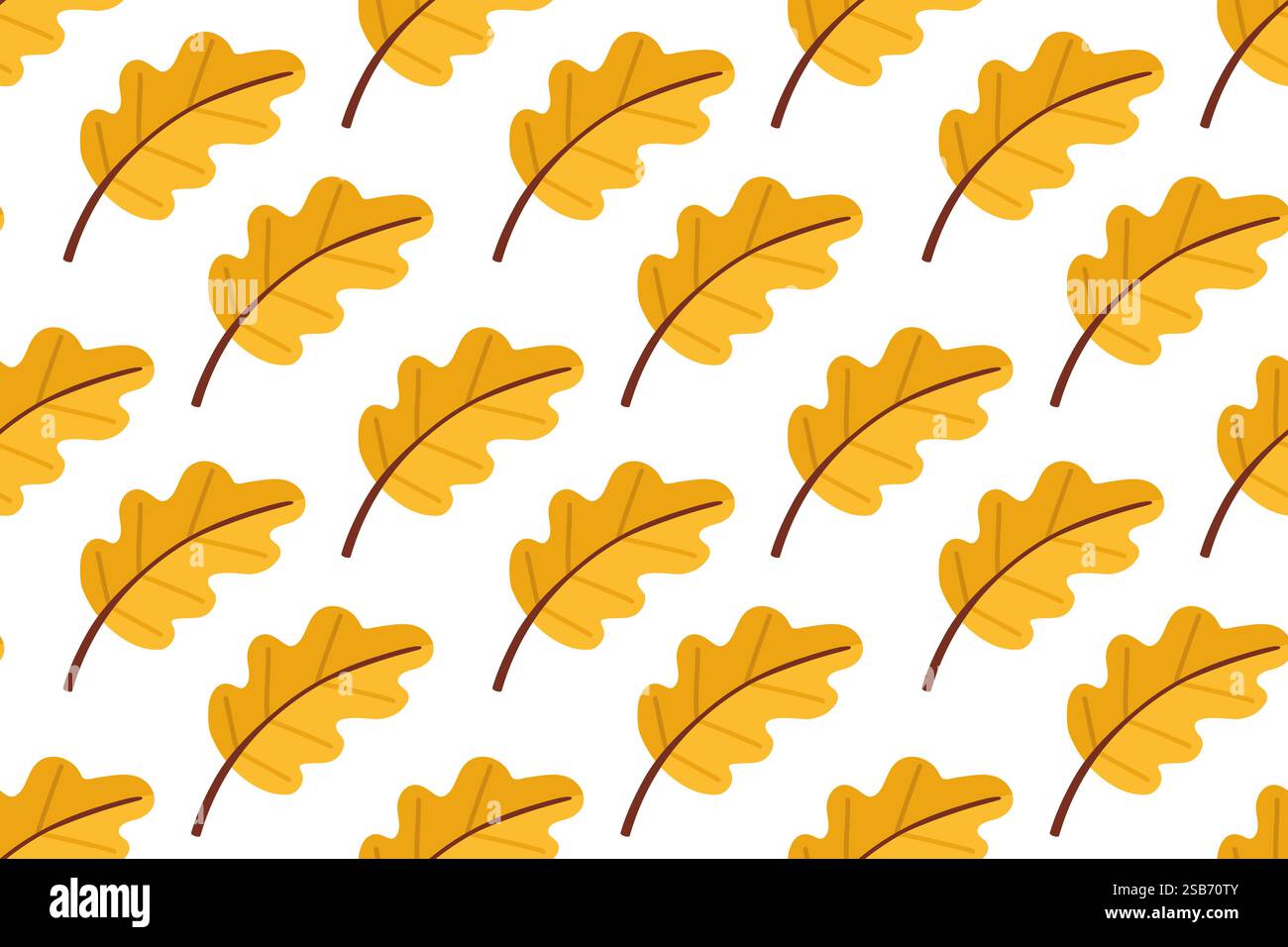 This image depicts a seamless pattern of yellow oak leaves on a white ...
