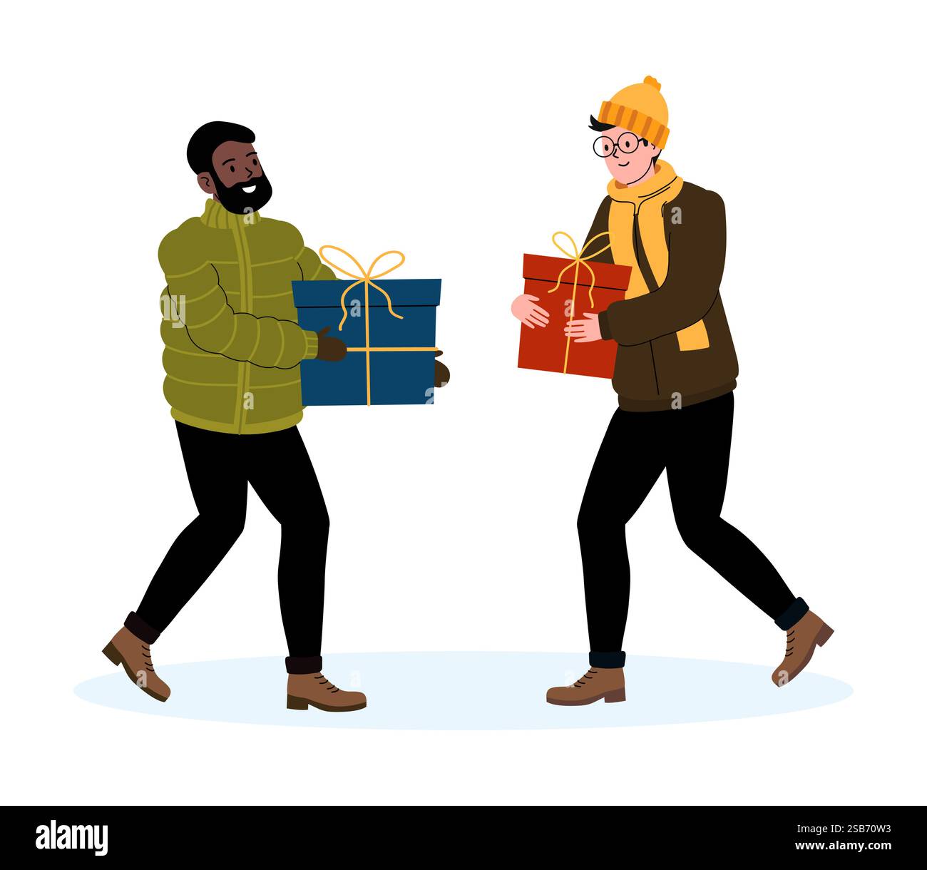 Two friends happily exchange colorful wrapped gifts while dressed ...