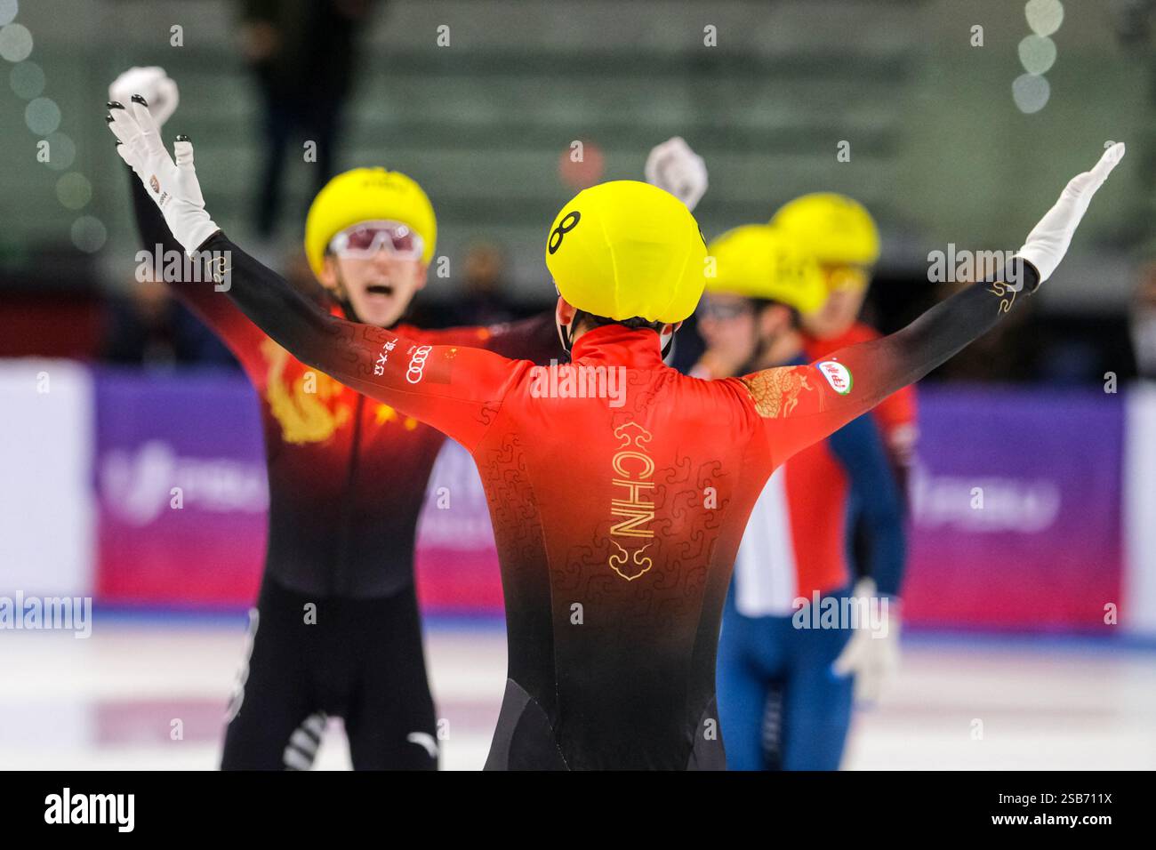 Tianyi Zhang (CHN) celebrates victory during the Short Track Speed ...