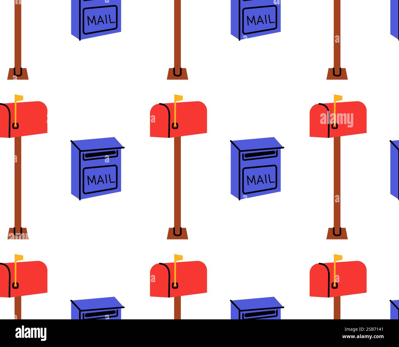 A fun and vibrant arrangement of mailboxes featuring red and blue ...