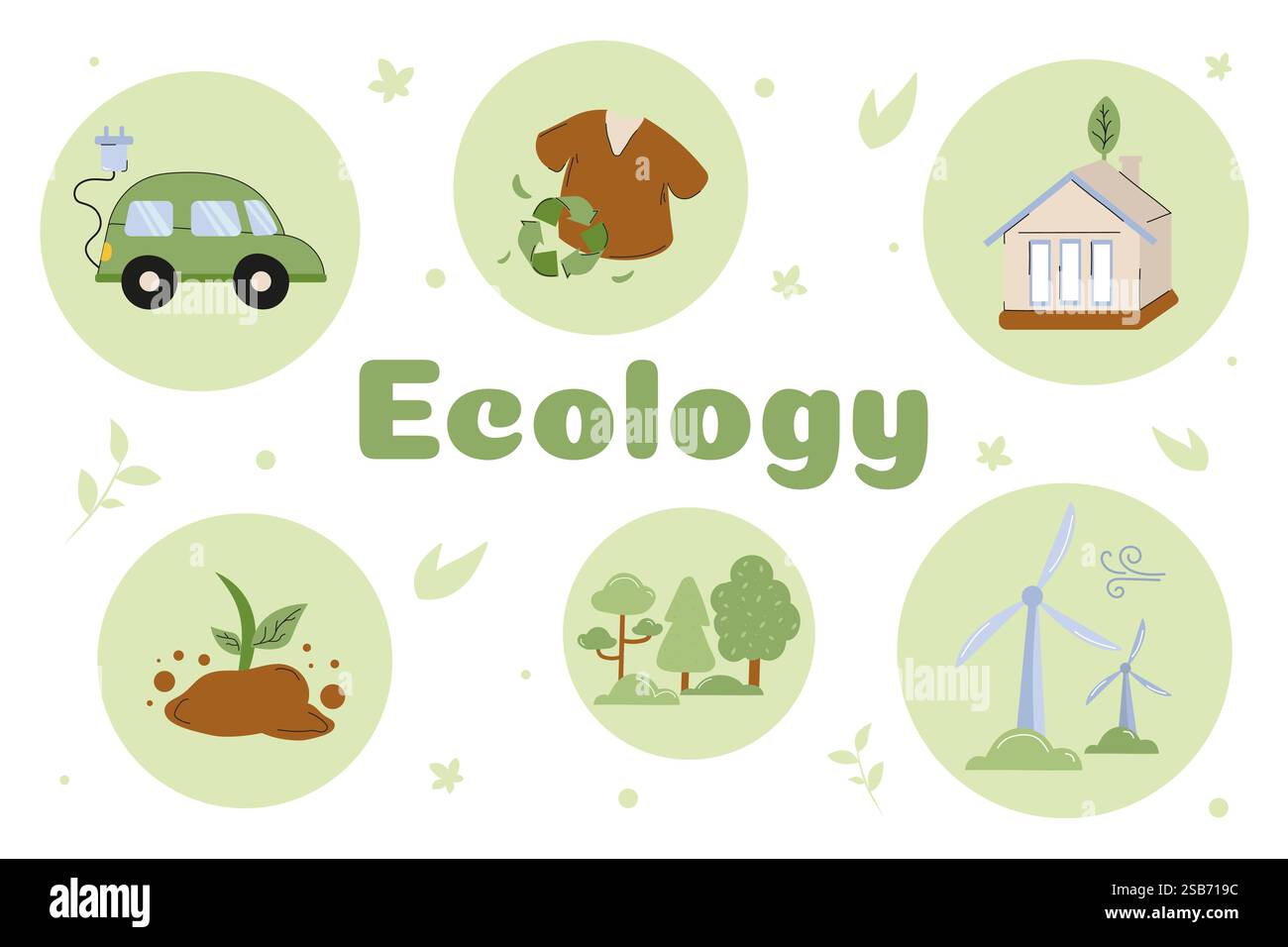 Various icons represent ecological concepts, including renewable energy ...