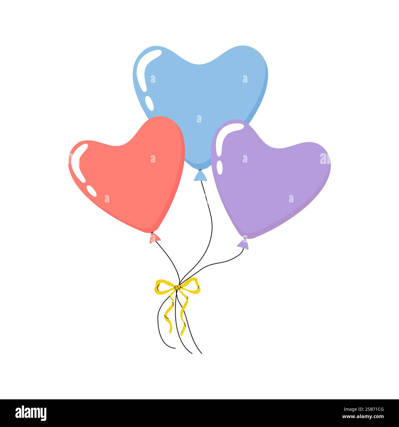 Three heart-shaped balloons in pastel colors rise together, tied with a ...