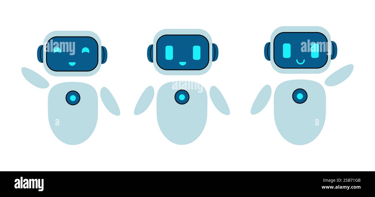 Three cartoon robots with blue faces and blue eyes are waving. They are ...