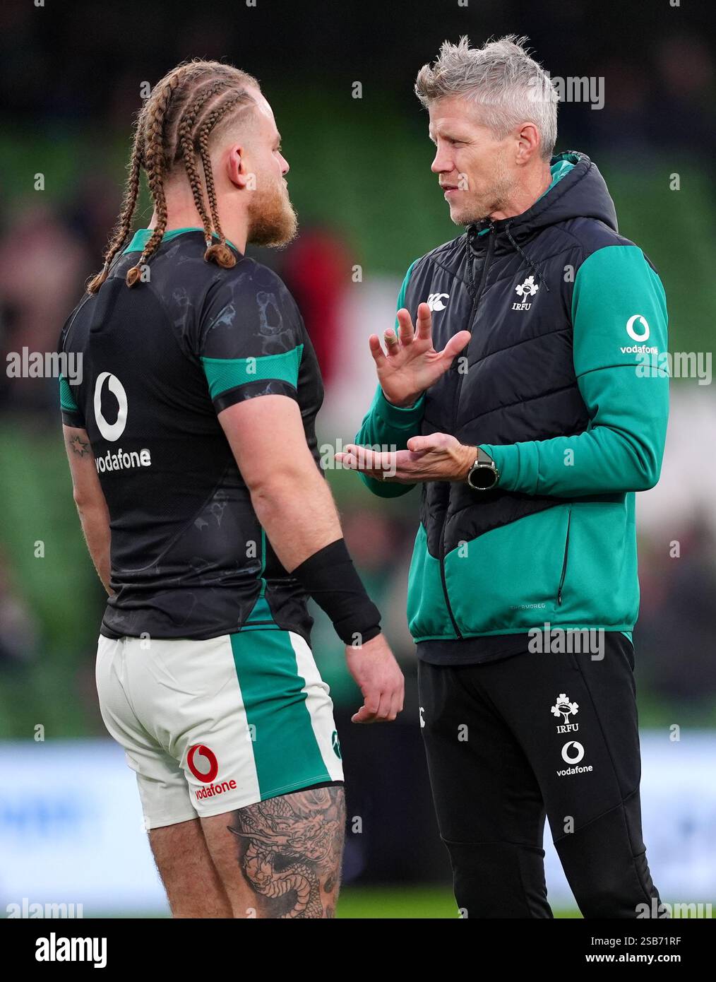 Ireland's Finlay Bealham speaks to interim head coach Simon Easterby ...