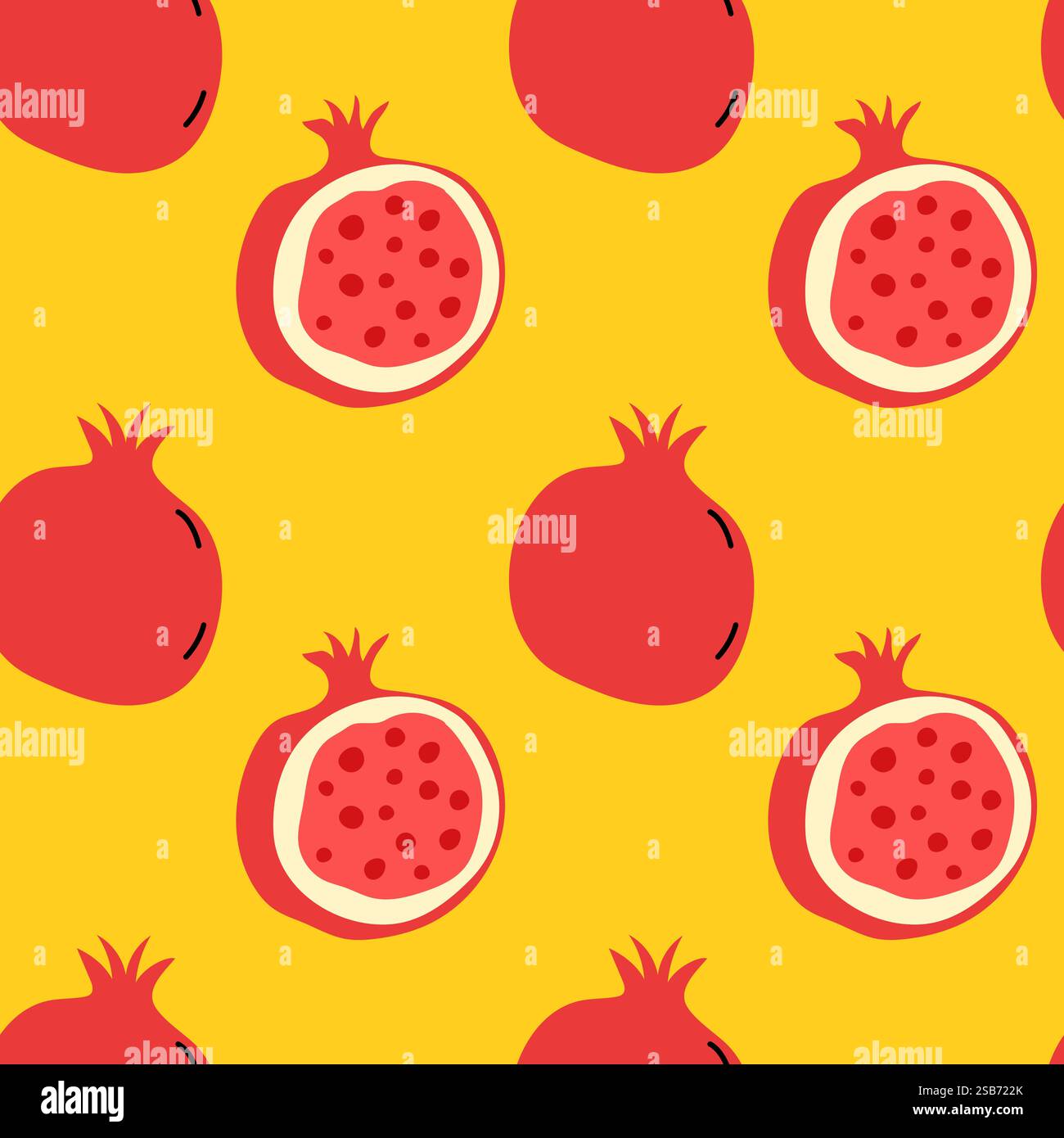 This vibrant pattern features pomegranates in various orientations ...