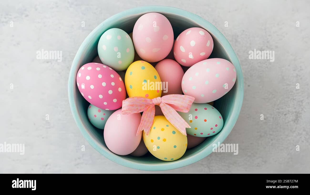 Colorful Easter basket filled with decorated pastel eggs in various ...