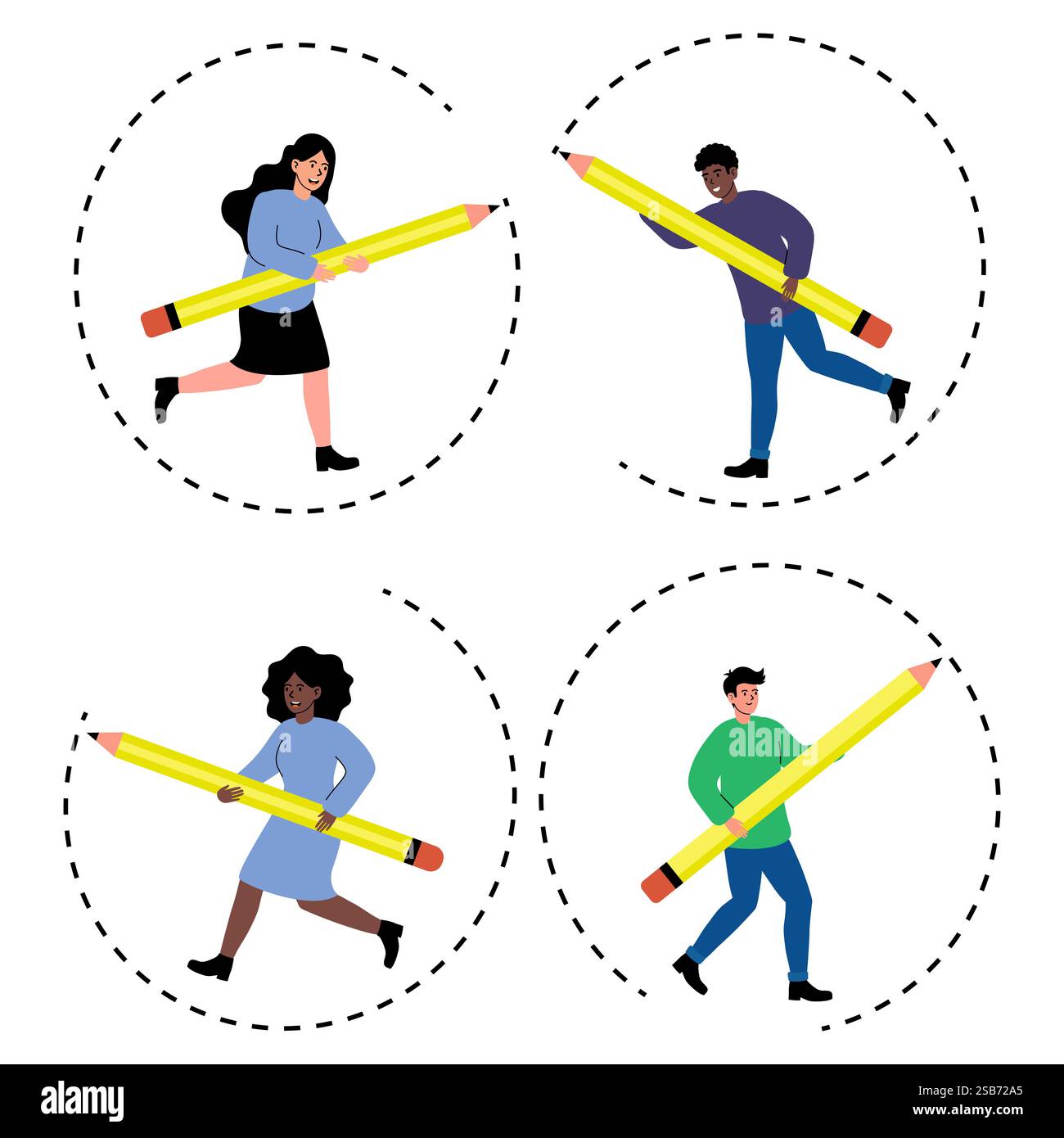 Four people joyfully run while holding large yellow pencils, showcasing ...