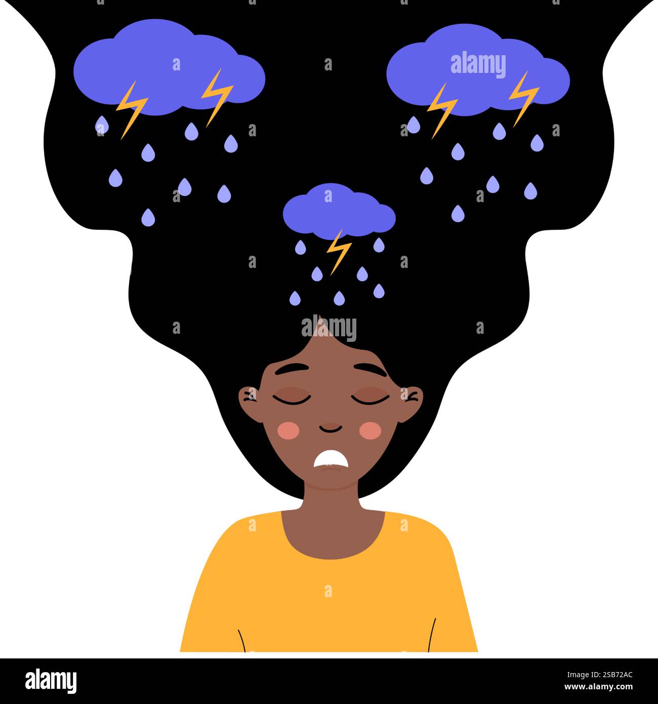 A girl with dark hair and a worried expression has a storm cloud ...