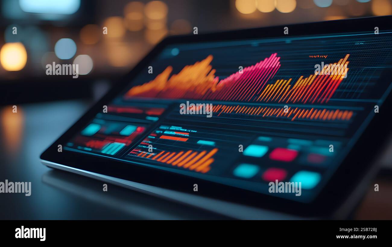 Augmented reality graphs and data visualizations displayed on a tablet device placed on a ...