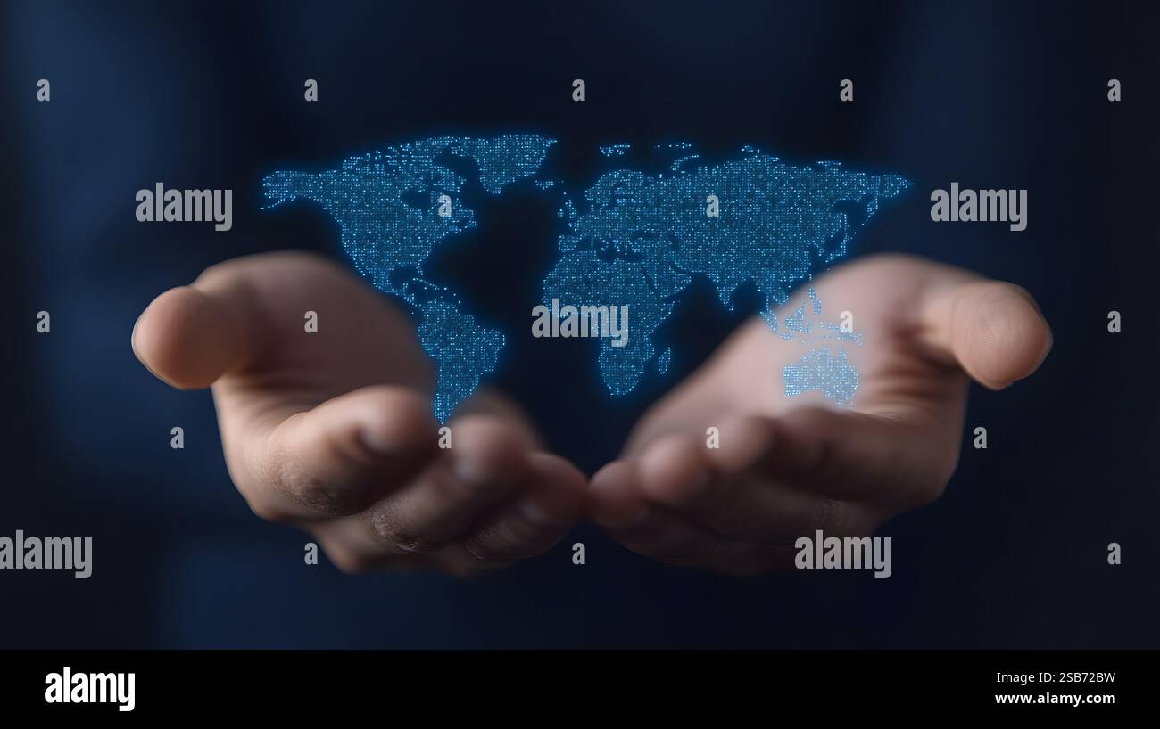 Glowing Holographic World Map Hovering on a Digital Hand Against a Dark ...