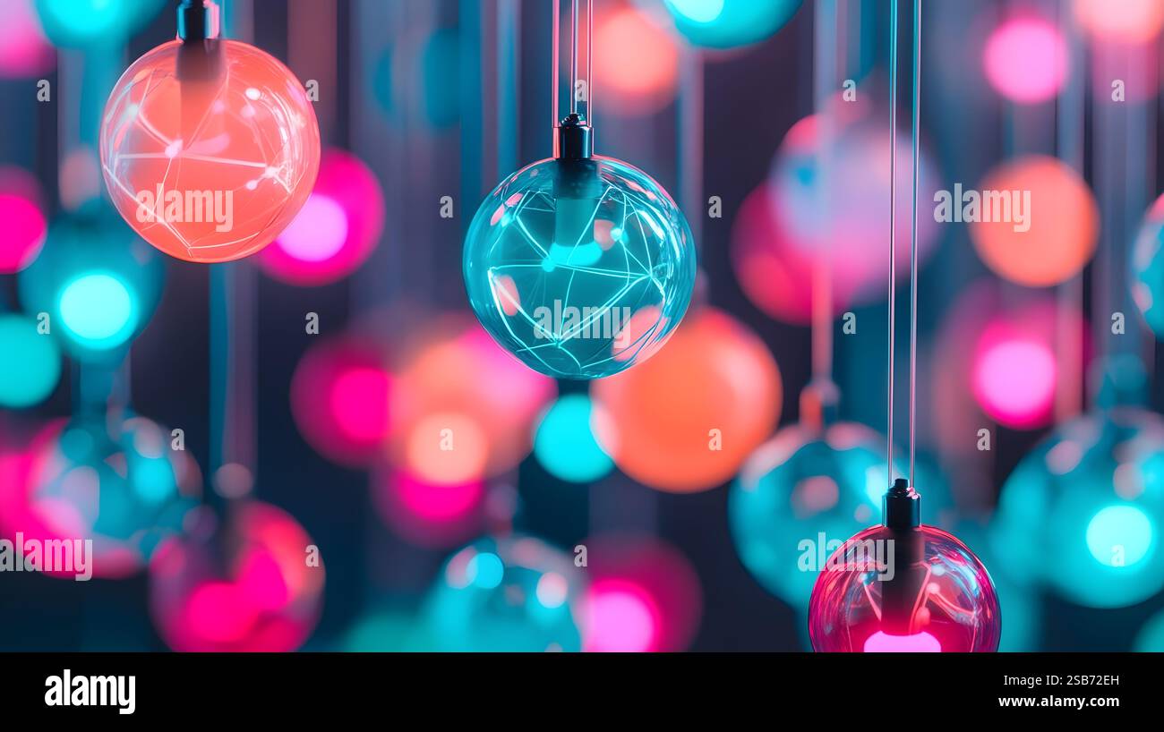 Mesmerizing neon orbs,triangles,and geometric shapes in a vibrant ...