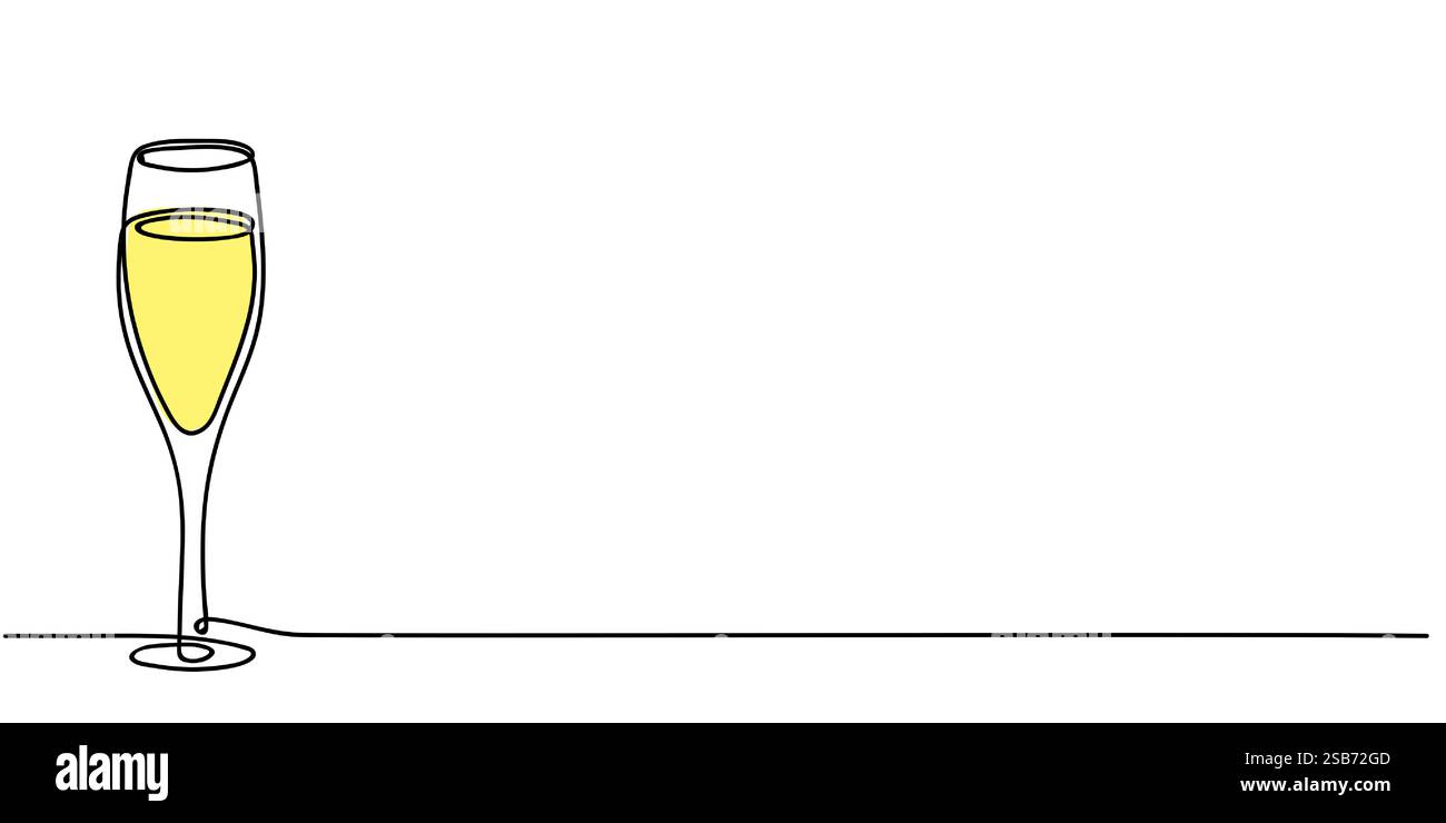 A simple line drawing depicts a champagne glass filled with a sparkling ...