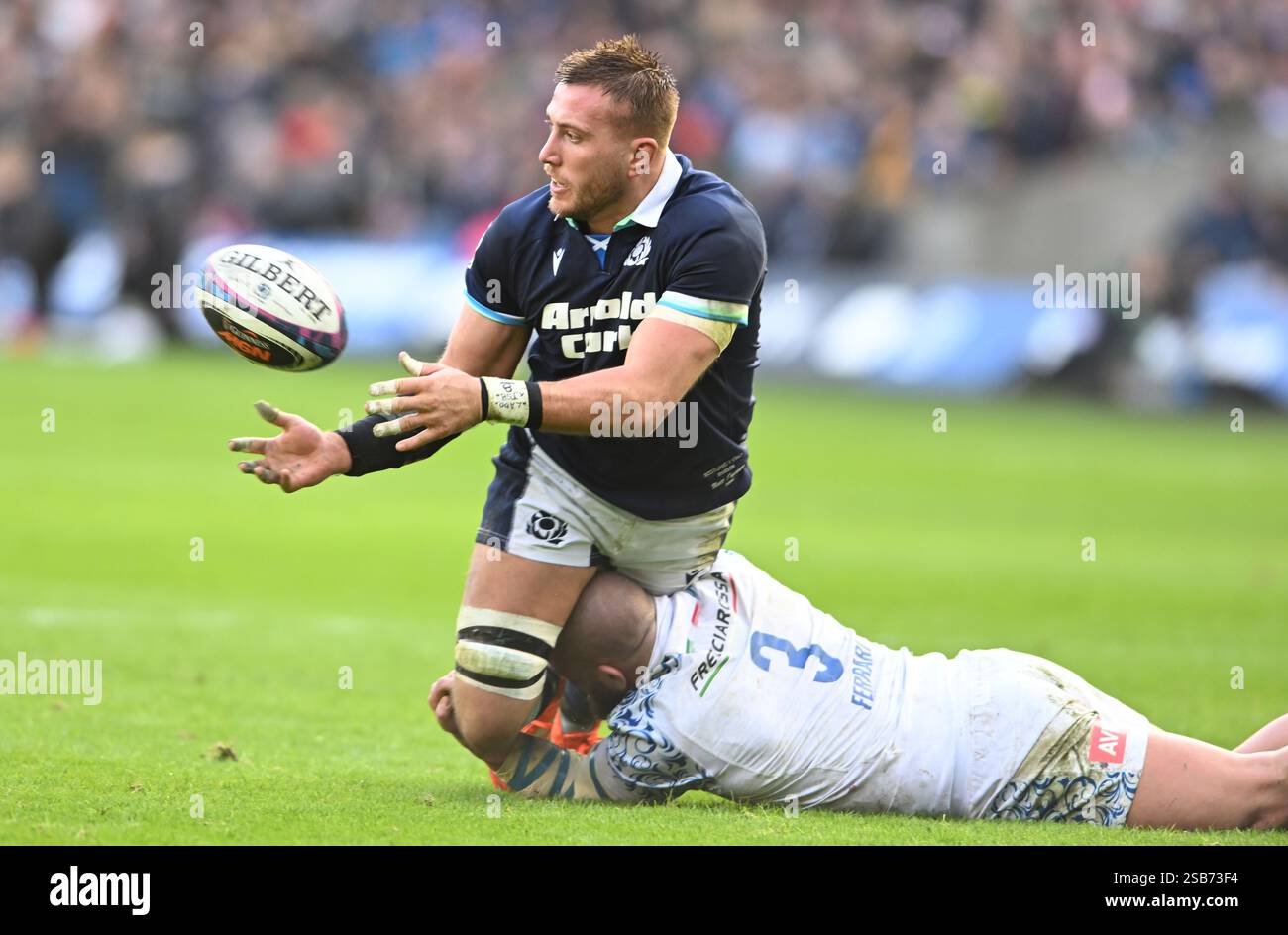 Edinburgh, UK. 1st Feb, 2025. Matt Fagerson of Scotland tackled by ...