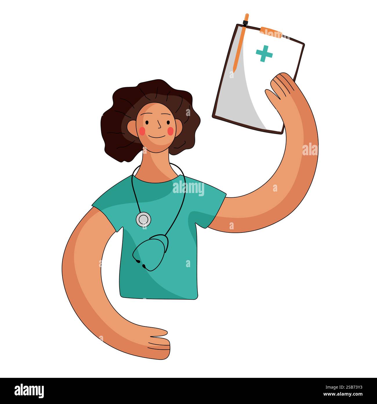 A cheerful healthcare worker in scrubs holds up a medical report ...