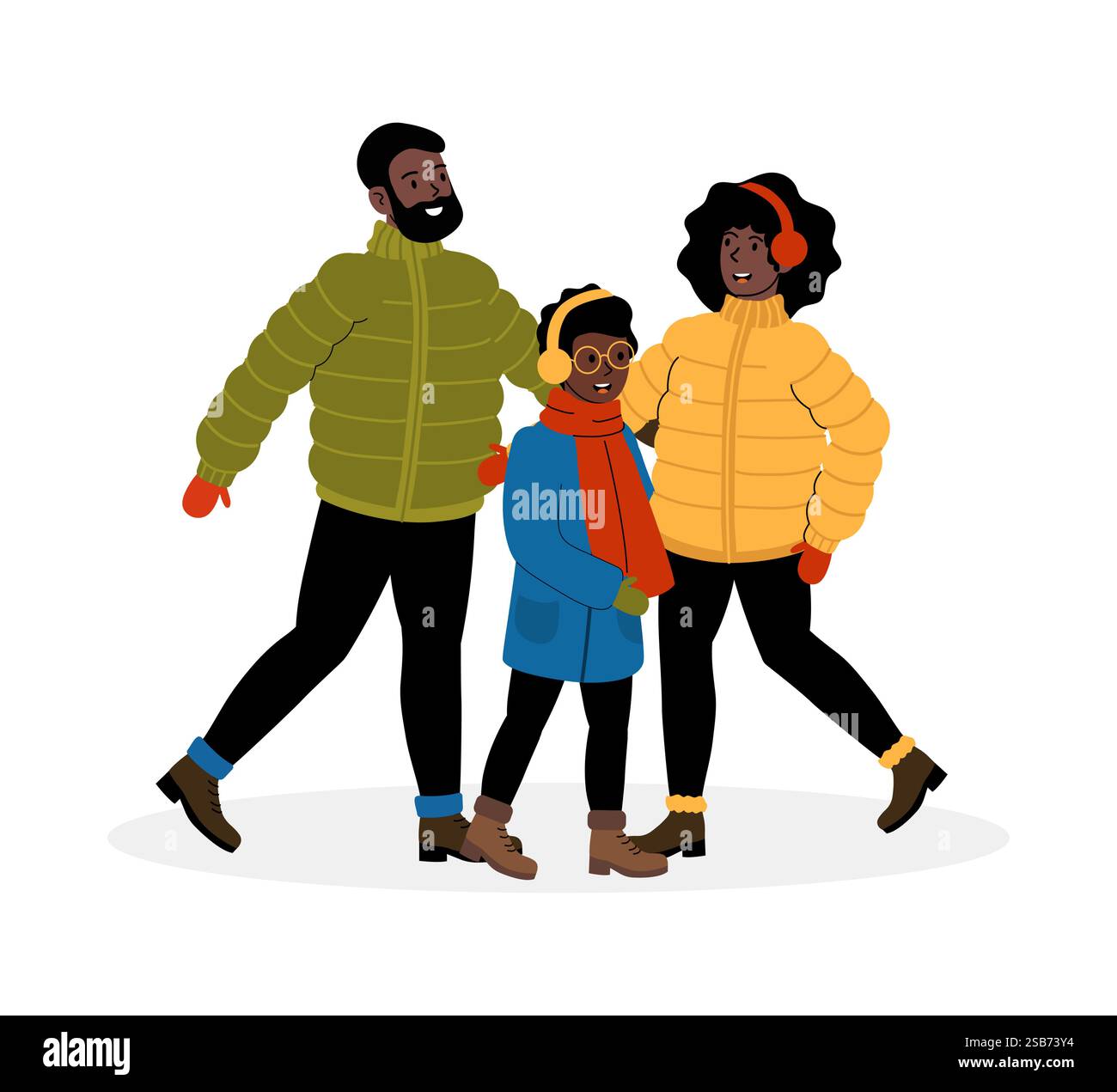A family of three walks joyfully on a winter day, dressed in colorful ...