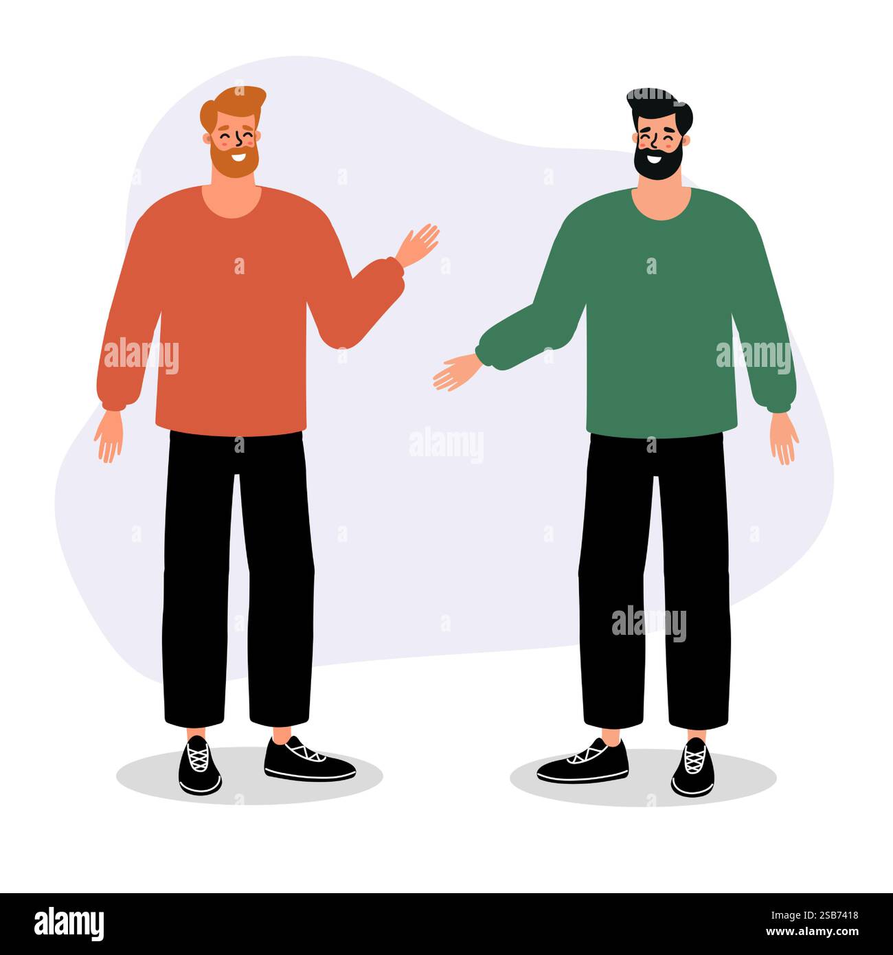 Two men stand facing each other, one sporting a red sweater and the ...