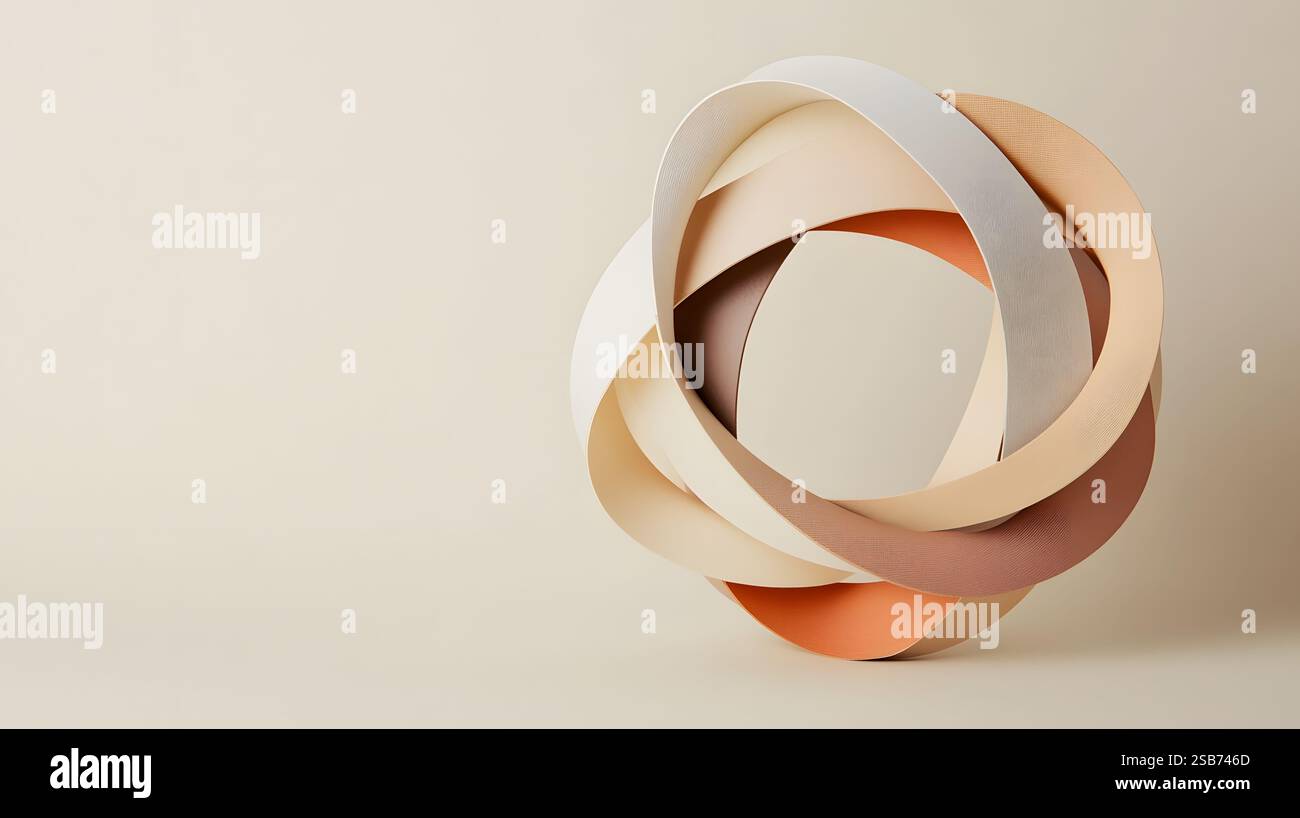 Overlapping and interlocking circular shapes in a dynamic,abstract composition on a neutral ...