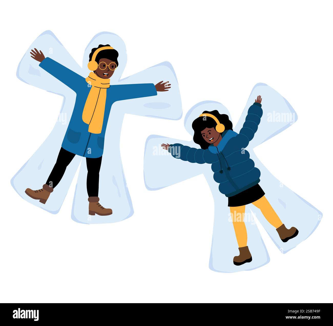 Two children are having fun in the snow, creating snow angels. They ...