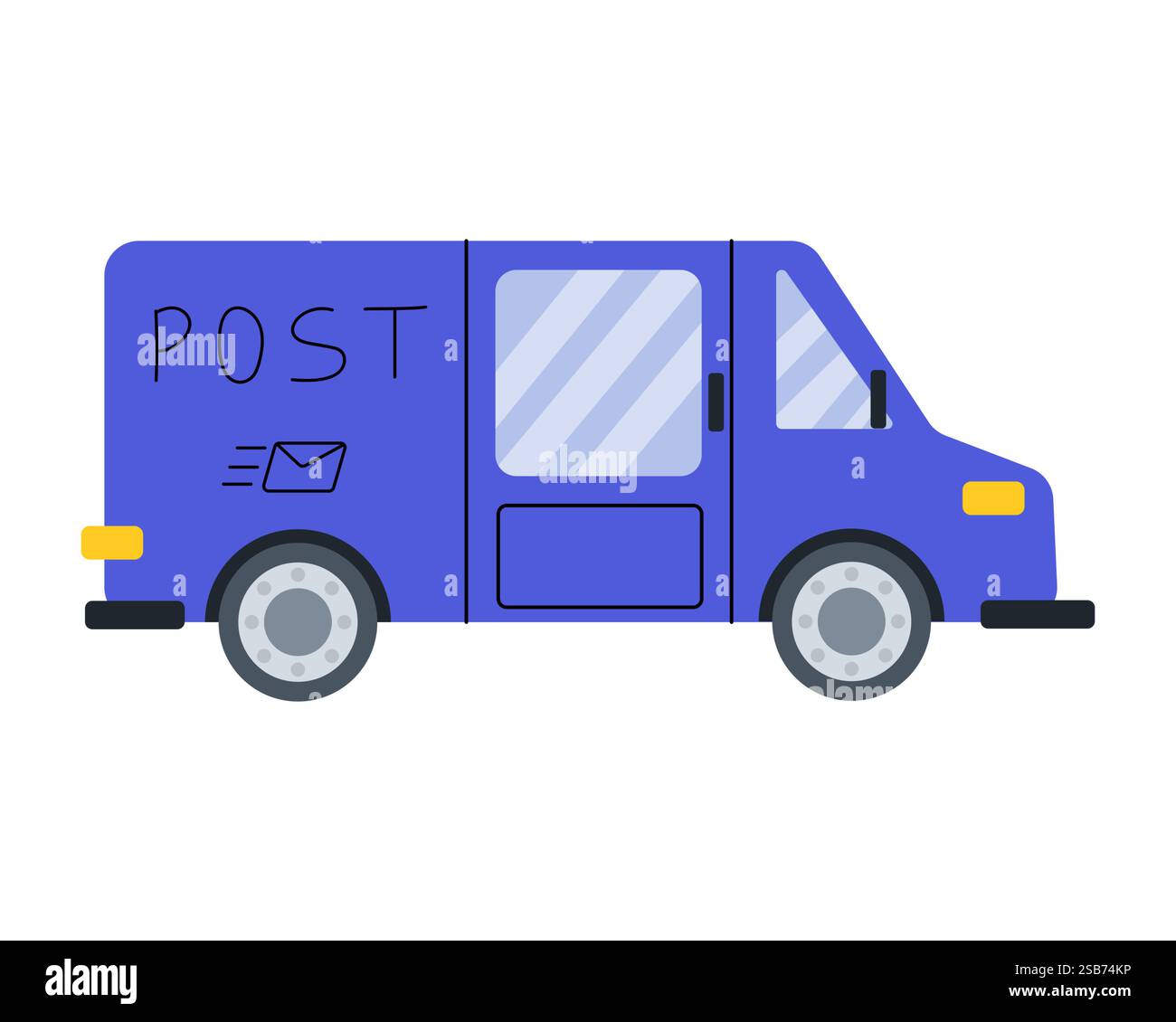 The bright blue mail truck is parked along a quiet street, with the sun ...