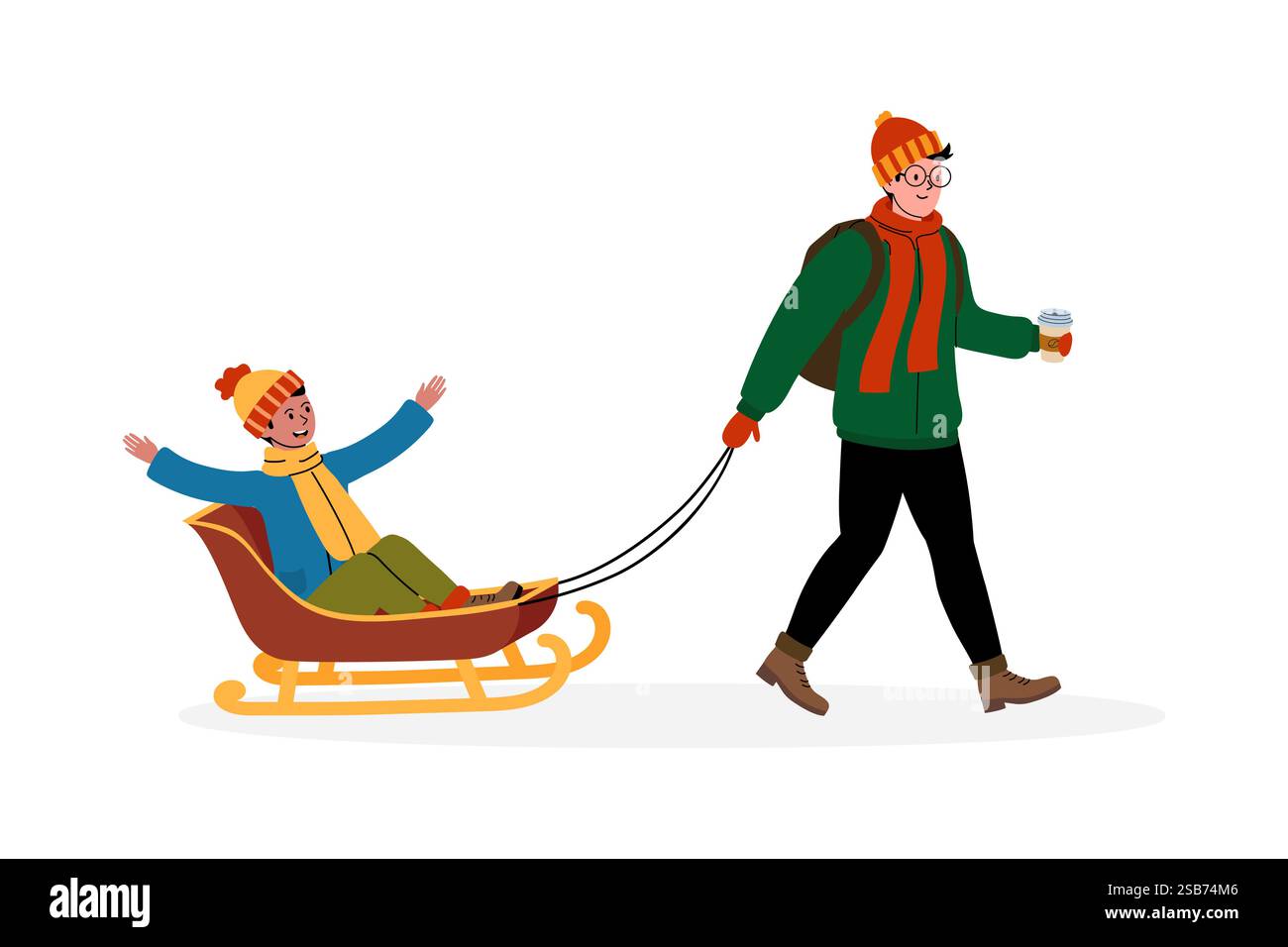 A child wears a cheerful expression while sitting in a sled, as an ...