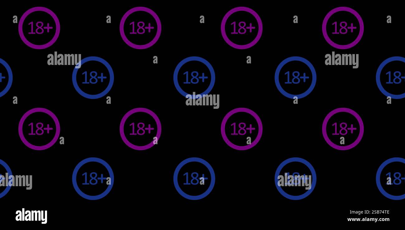 A repetitive pattern of 18 plus symbols in pink and blue against a ...