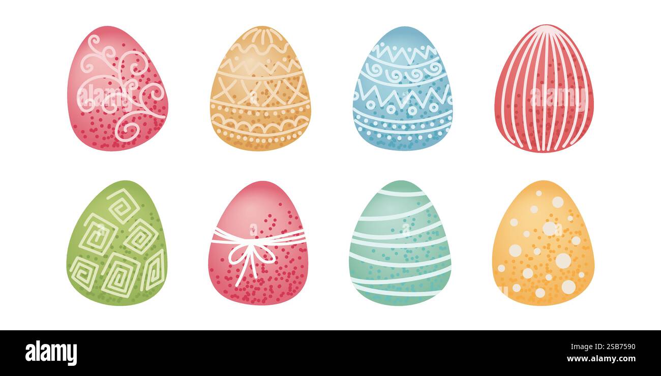 Set of colorful decorated Easter eggs with intricate patterns and ...